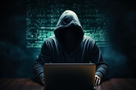 Premium AI Image A Man With A Mask And Hood Behind A Laptop Computer Symbol Of A Group Of