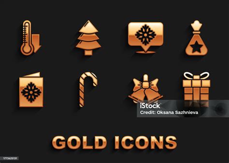 줄무늬 산타 클로스 가방 선물 선물 상자 메리 울리는 종 엽서 눈송이 말풍선 기상학 온도계 측정 및 트리 아이콘과 크리스마스 사탕 지팡이를 설정합니다 벡터 검은색에 대한