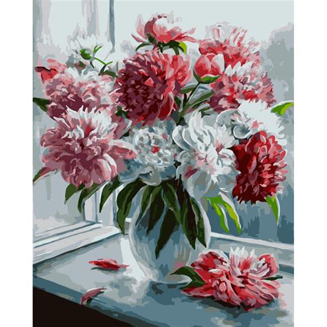 Картина за номерами Strateg ПРЕМІУМ Букет піонів біля вікна розміро