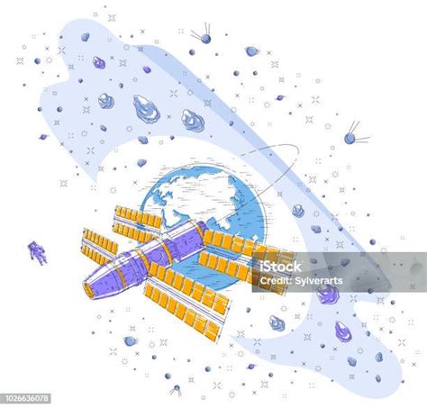 지구 우주 태양 전지 우주선 우주선이 Iss 인공 위성 소행성 비와 별에서 주위를 공전 하는 우주 정거장 얇은 선 3d 벡터