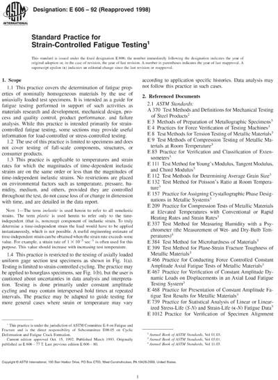 Astm E606 92 1998 Standard Practice For Strain Controlled Fatigue