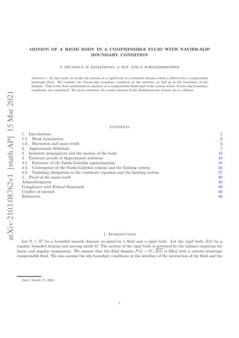 Pdf Motion Of A Rigid Body In A Compressible Fluid With Navier Slip Boundary Condition