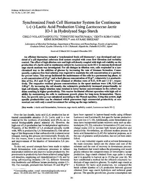 Pdf Synchronized Fresh Cell Bioreactor System For Continuous L Lactic Acid Production