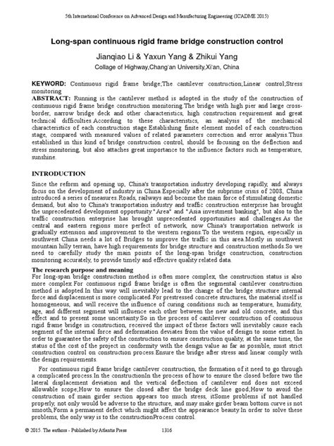 Long Span Continuous Rigid Frame Bridge Construction Control Pdf