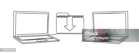 파일 전송 화면에 폴더가 있는 두 대의 노트북과 전송된 문서의 연속 선 그리기 파일 복사 데이터 교환 백업 Pc 마이그레이션