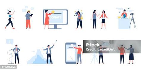 소셜 네트워크 사람들 미디어 캠페인 블로거 및 콘텐츠 제작자 디지털 비즈니스 및 자원 봉사 커뮤니케이션 및 마케팅 최근 벡터 장면 만화에 대한 스톡 벡터 아트 및 기타