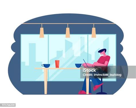 자연 식품 카페에서 전면 오픈 노트북 컴퓨터 앉아 젊은 남성 잘 생긴 남자 읽기 문자 메시지 동안 넷책에 그물 책 에 편안한 커피 숍 만화 평면 벡터 일러스트 고름에 대한