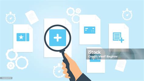 검색 아이콘으로 문서작성합니다 파일 및 돋보기 분석 연구 기호입니다 벡터 일러스트새 주문 상자 파일 문서 연구 벡터 일러스트 개념에 대한 스톡 벡터 아트 및 기타 이미지