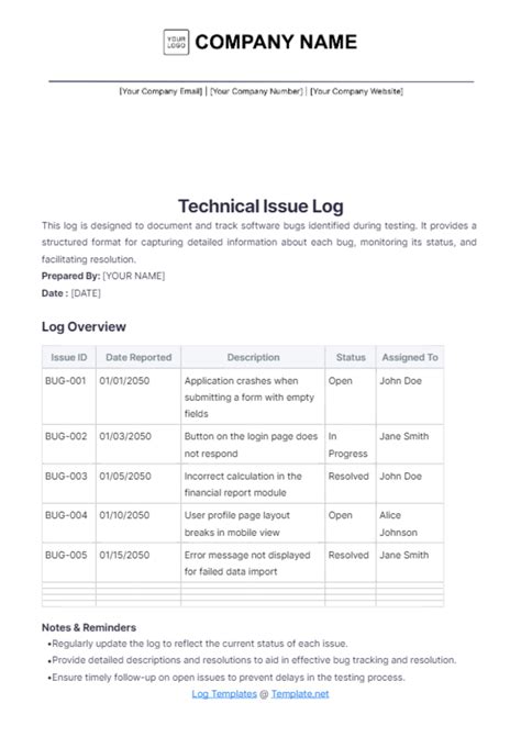 free technical issue log template to edit online