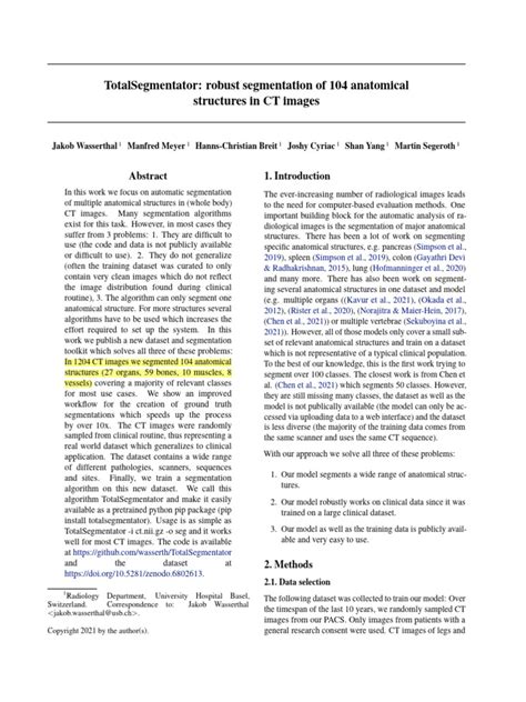 Totalsegmentator Robust Segmentation Of 104 Anatomical Structures In Ct Images Pdf Image