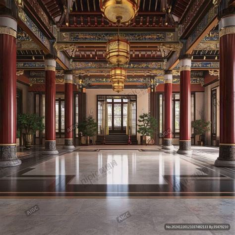 Ai创作图中式宫殿阳台走廊 中式中厅 衙门大厅 门厅中堂 古装大厅 大殿设计 中式大厅 中式古典建筑厅堂 中式宫廷 古典建筑门厅 皇宫朝廷宫廷场景 传统建筑大厅 古建大厅 古代中式大厅 中式