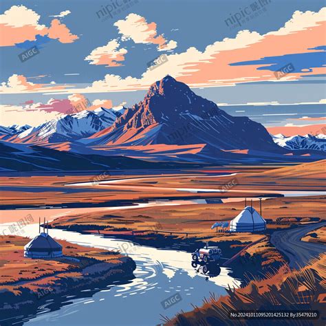Ai创作图荒野黄昏插画 青藏高原插画 山川风景插画 可可西里插画 大自然山川插画 雪山渔舟河流山峰环保 唯美山川插画 插画山水湖 插画山水风景 户外风景插画 插画图山插画 青藏地区插画 西部