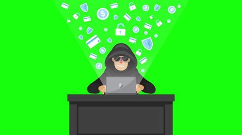 Hacker With Laptop Computer Stealing Passwords And Breaking In Confidential Data On Greenscreen