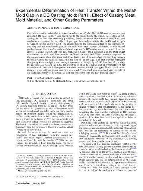 Pdf Experimental Determination Of Heat Transfer Within The Metal Mold Gap In A Dc Casting