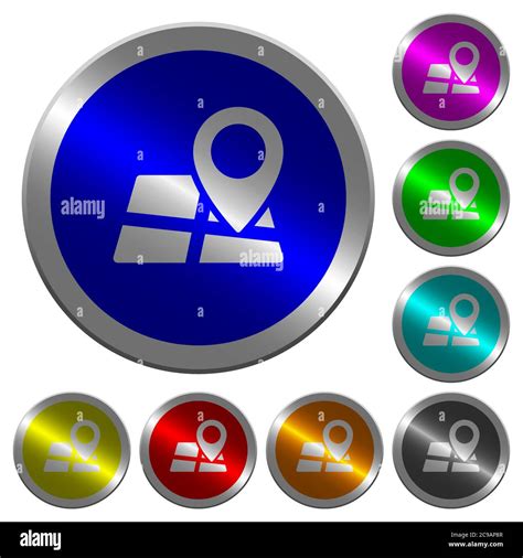 Location Pin On Map Icons On Round Luminous Coin Like Color Steel Buttons Stock Vector Image