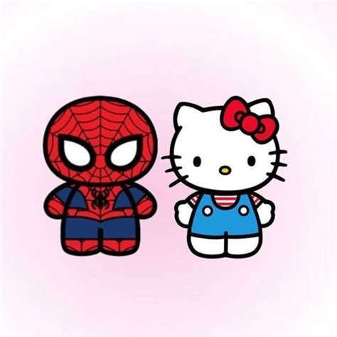 hello kitty and spider man are standing next to each other on a pink