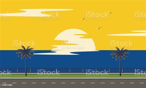 바다로 가는 길여행 야자수와 바다와 일몰 여름 열대 해변입니다 자연 경관과 바다 경관 마이애미에 대한 스톡 벡터 아트 및 기타 이미지 마이애미 배경 주제 여름
