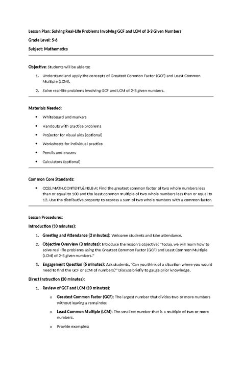 Solving Real Life Problems Involving Gcf And Lcm Of 2 3 Given Numbers Understand And Apply The
