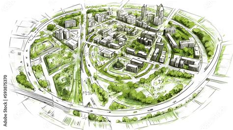 Urban Planning Sketch Highlighting Sustainable Elements Like Green