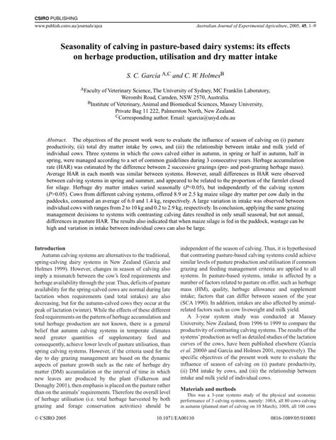 Pdf Seasonality Of Calving In Pasture Based Dairy Systems Its
