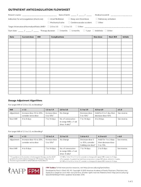 2018 2026 Form Aafp Outpatient Anticoagulation Flowsheet Fill Online