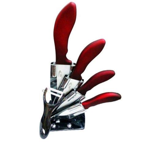 Сет 4 керамични ножа с белачка в дизайнерска поставка на топ цена — Онтайм