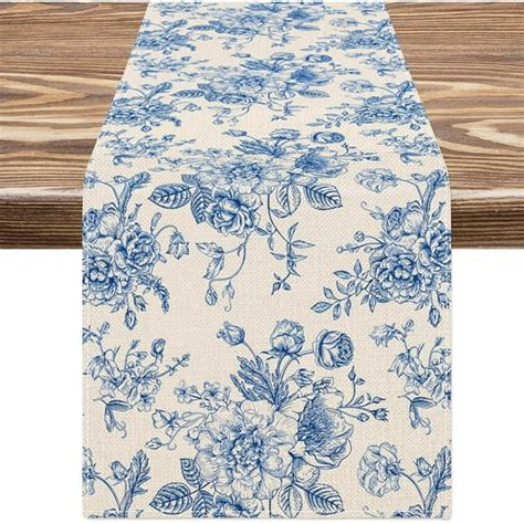 Chinoiserie Blue Flower Linen Table Runner Dresser Scarf R Reusable