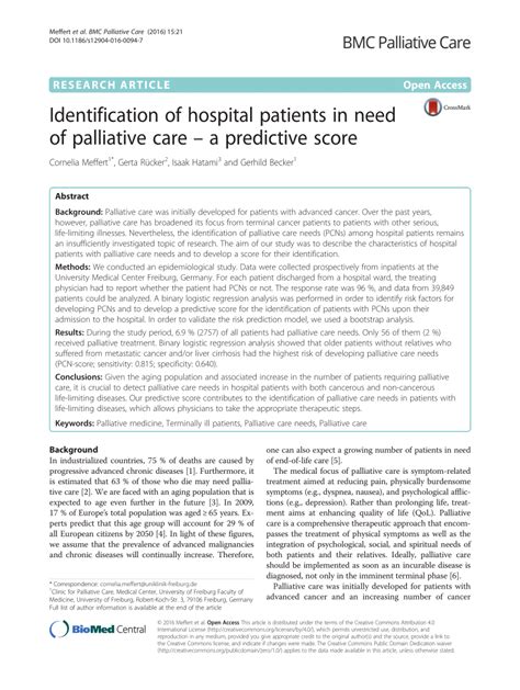 Pdf Identification Of Hospital Patients In Need Of Palliative Care A Predictive Score