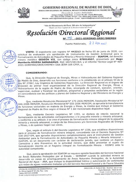 Aprobación De Igafom En Madre De Dios Pdf Minerales Justicia