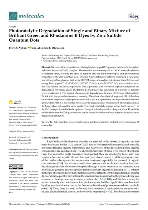 Pdf Photocatalytic Degradation Of Single And Binary Mixture Of Brilliant Green And Rhodamine B