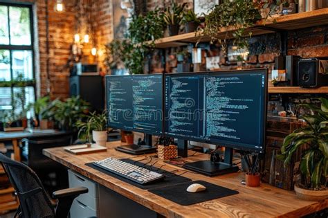 modern office desk with dual monitors displaying coding and programming