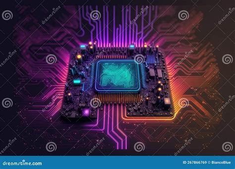 Computer Microchip Semiconductor On Motherboard Futuristic Cyber Neon