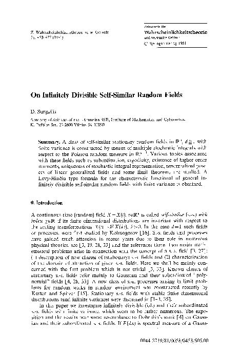 Pdf On Infinitely Divisible Self Similar Random Fields