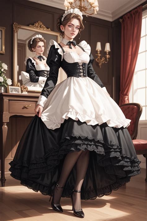 Victorian Maid Black And White Dress Satin Black Pantyhose Seaart Ai