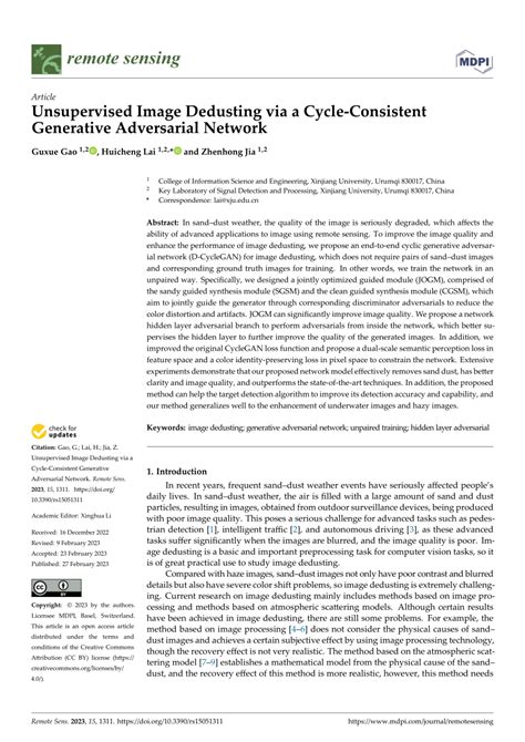 pdf unsupervised image dedusting via a cycle consistent generative