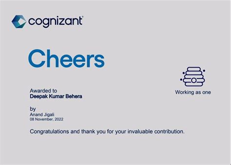 Deepak Kumar Behera On Linkedin Reward Cognizantcheers Workingasone