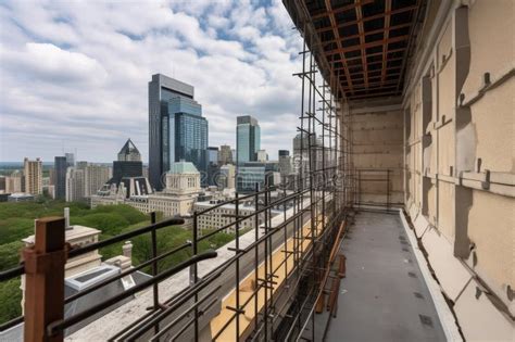 Scaffolding On Side Of Historic Building With View Of Modern Cityscape Stock Illustration