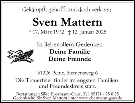Traueranzeigen Von Sven Mattern Trauer Anzeigen De