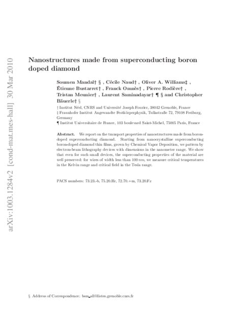 Pdf Nanostructures Made From Superconducting Boron Doped Diamond