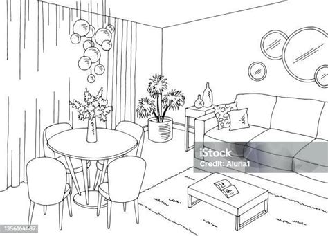 다이닝 룸 그래픽 블랙 화이트 홈 인테리어 스케치 일러스트 벡터 식당에 대한 스톡 벡터 아트 및 기타 이미지 식당 라인아트 일러스트레이션 Istock