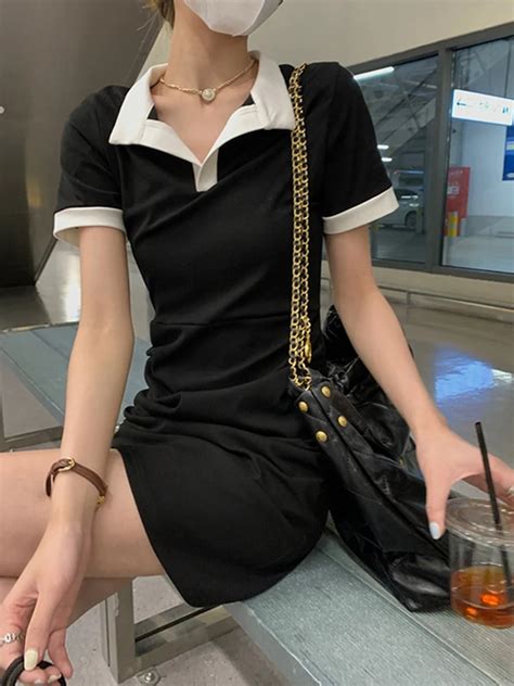 캐주얼하고 시크한 컬러 대비 폴로 칼라 Vestido Feminino 슬림 힙 랩 드레스 여성용 새로운 스타일 생일 드레스