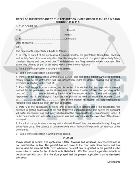 Reply Of The Defendant To The Application Under Order 39 Rules 1 2 And Section 151 C P C Rtf 1