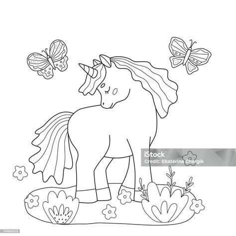 귀여운 유니콘과 나비가있는 간단한 어린이 색칠 공부 책 기본 윤곽선이 있는 벡터 일러스트레이션 식물과 꽃의 실루엣 편집 가능한 획 0명에 대한 스톡 벡터 아트 및 기타
