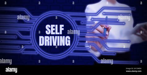 Text Sign Showing Self Driving Word Written On Autonomous Vehicle Ability To Navigate Without