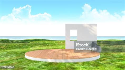 바다 전망 배경 3d 렌더링녹색 잔디 밭의 빈 스테이지 배경 플랫폼 그늘에 대한 스톡 사진 및 기타 이미지 그늘 배경막 0명 Istock