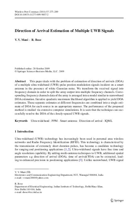 Pdf Direction Of Arrival Estimation Of Multiple Uwb Signals