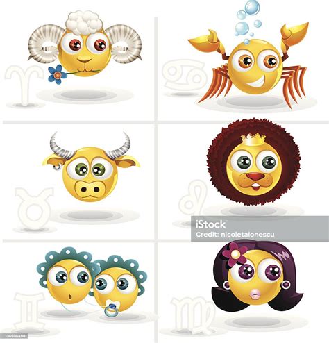 웃는 별자리 세트양자리 황소자리 쌍둥이자리 게자리 사자자리 처녀자리 0 11 개월에 대한 스톡 벡터 아트 및 기타 이미지 0 11 개월 4월 5월 Istock