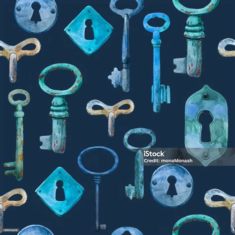 손으로 그린 골동품 철 열쇠와 열쇠 구멍의 수채화 세트 진한 파란색 배경에 그림 같은 스타일의 일러스트레이션 오래된 개체 디자인 가을에 대한 스톡 벡터 아트 및 기타 이미지