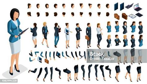 손의 제스처와 여자 3d 비즈니스 여자의 피트의 대형 아이소메트릭 집합입니다 벡터 일러스트 레이 션에 대 한 사무실 직원에 대 한 자신의 아이소메트릭 캐릭터 만들기 남자에