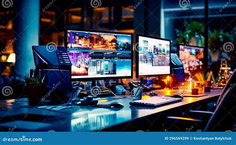 Desk With Two Computer Monitors And Keyboard And Mouse And Phone